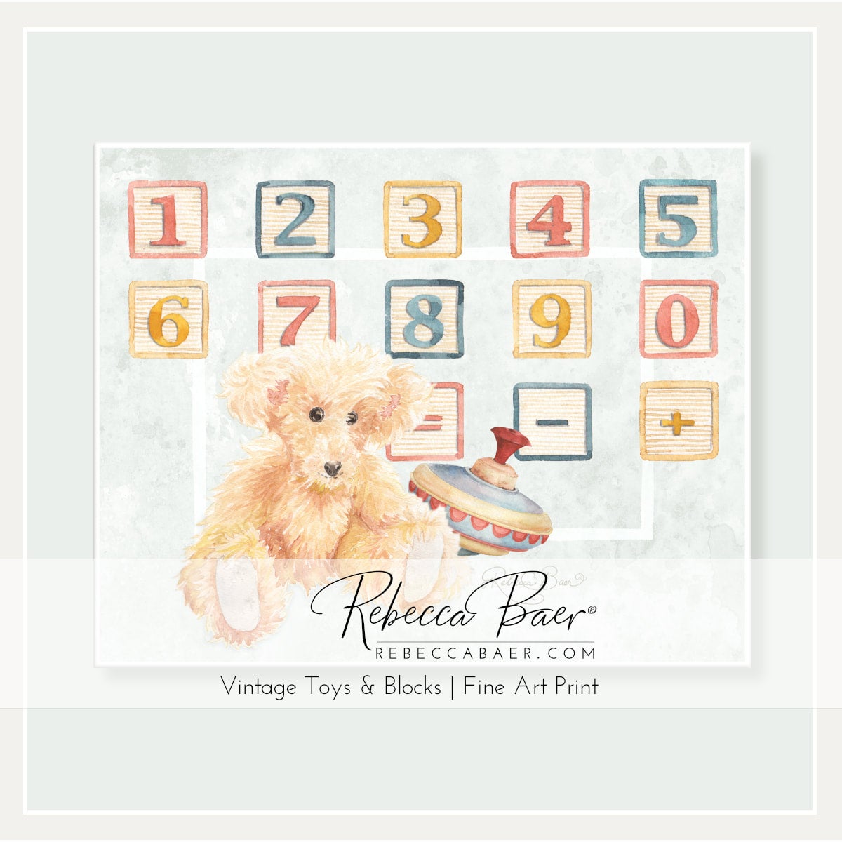 Vintage Bear & Number Blocks | Fine Art Watercolor Print | RebeccaBaer ...